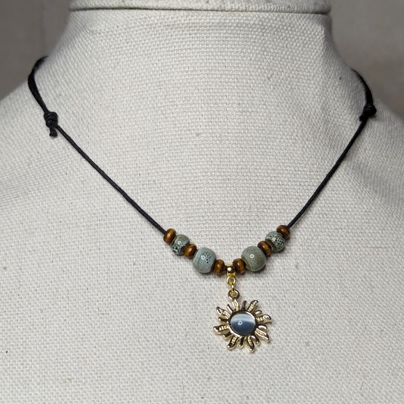 Handmade | Jewelry | Silver Sun Charm Blue Ceramic Wood Beaded Y2k Hippie Adjustable Choker ...